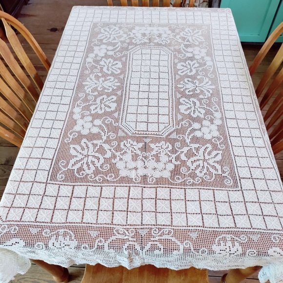 Vintage | Dining | Vintage Ivory Cream Crocheted Tablecloth Rectangle ...
